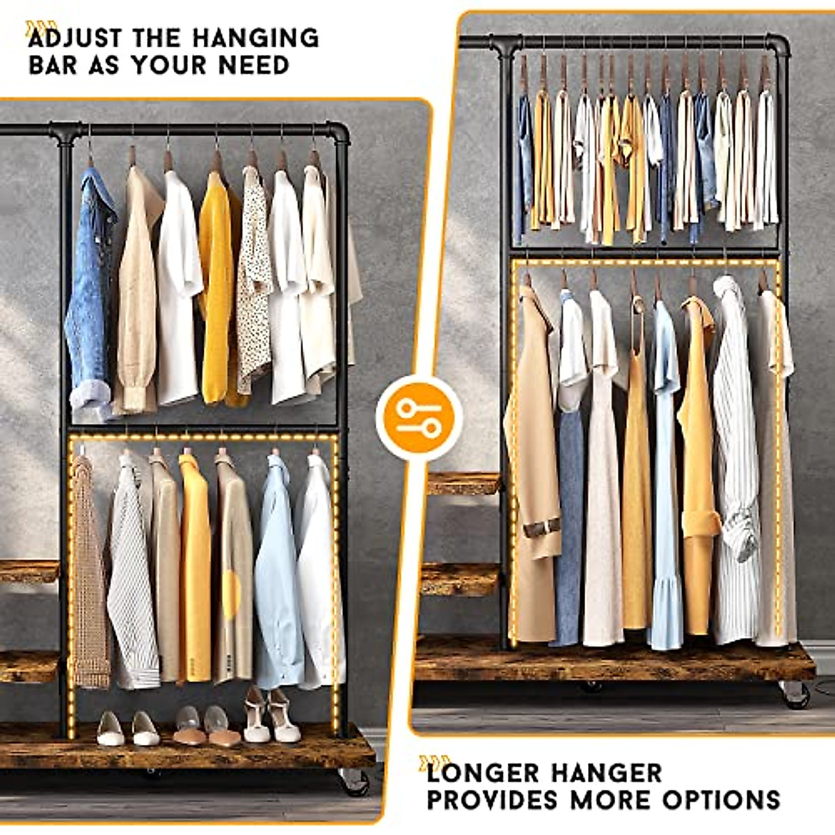 Raybee Clothes Rack Heavy Duty Clothing Rack, 400LBS Rolling Garment Rack with Shelves, Industrial Clothing Rack with Shelves, Portable Adjustable Clothes Rack for Hanging Clothes, Rustic Brown