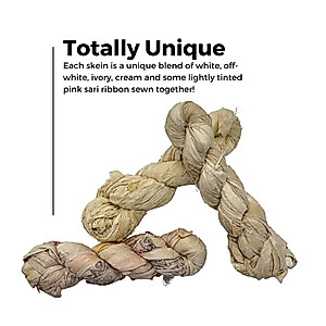 DARN GOOD YARN Recycled Sari Silk Ribbon Yarn Vintage Ivory Off-White Dyeable 100 Grams, 50 Yards, 1 Skein Handmade one of a Kind