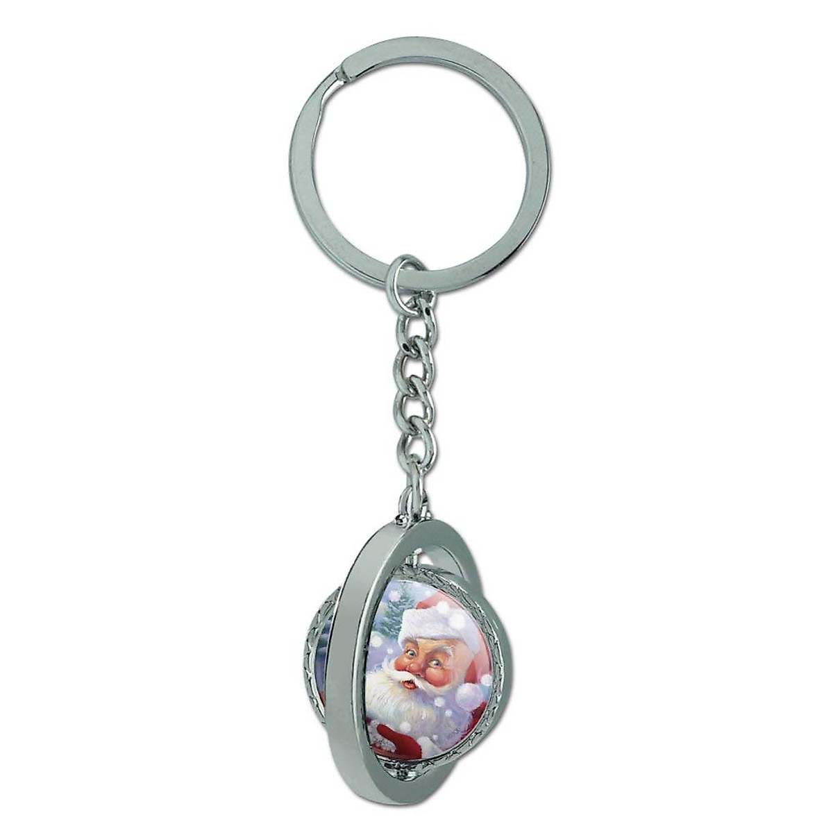 GRAPHICS & MORE Christmas Holiday Santa Catching Snowflakes Keychain Spinning Round Chrome Plated Metal
