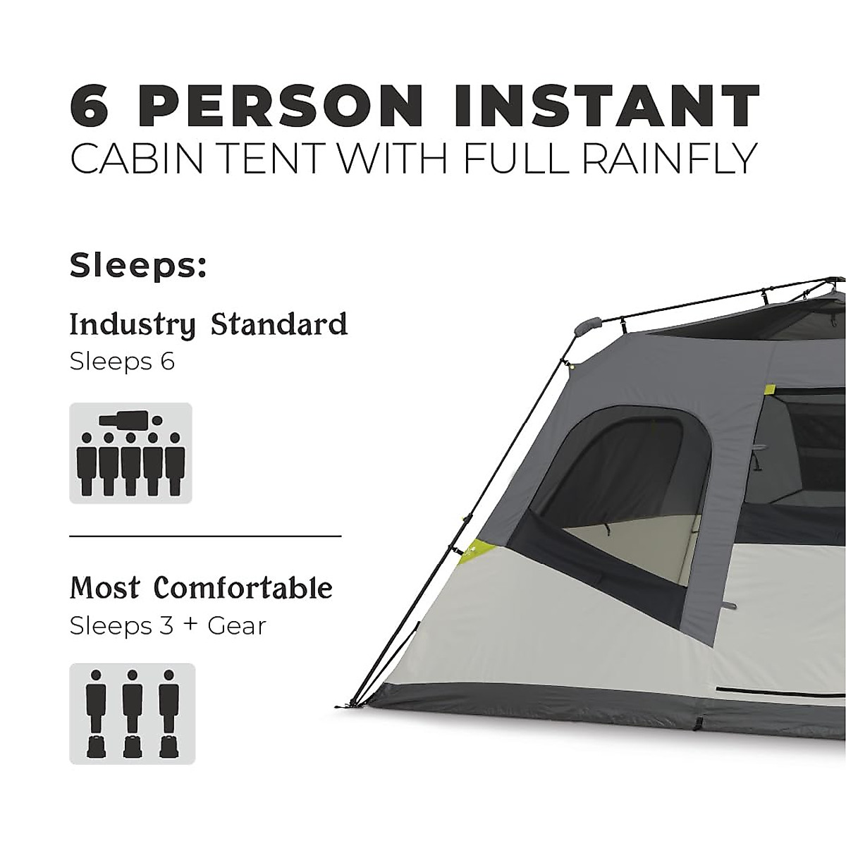 CORE 6 Person Instant Cabin Tent | Large Multi Room Tent for Family with Full Rainfly for Weather Protection and Storage for Camping Accessories | Portable Tent for Car Camping with Carry Bag