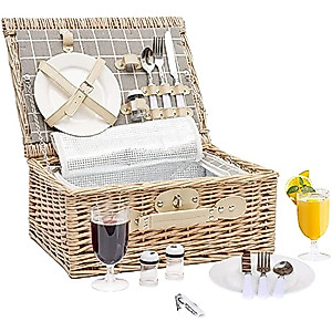 Wicker Picnic Basket for 2 Persons, Willow Picnic Set with Insulated Liner for Picnic, Camping, Outdoor, Valentine Day, Chirtmas, Thanks Giving, Birthday.