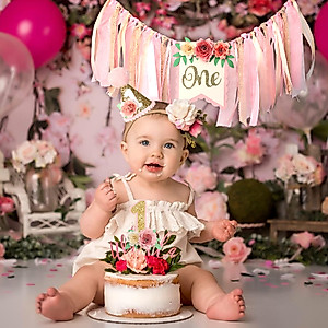 Dusty Pink 1st Birthday High Chair Floral Banner Decor Boho Floral 1st Birthday Hat Decorations 1st Birthday Cake Topper Baby Girl Banner Baby Shower Wall Hangings Decorative For Kids Bedroom