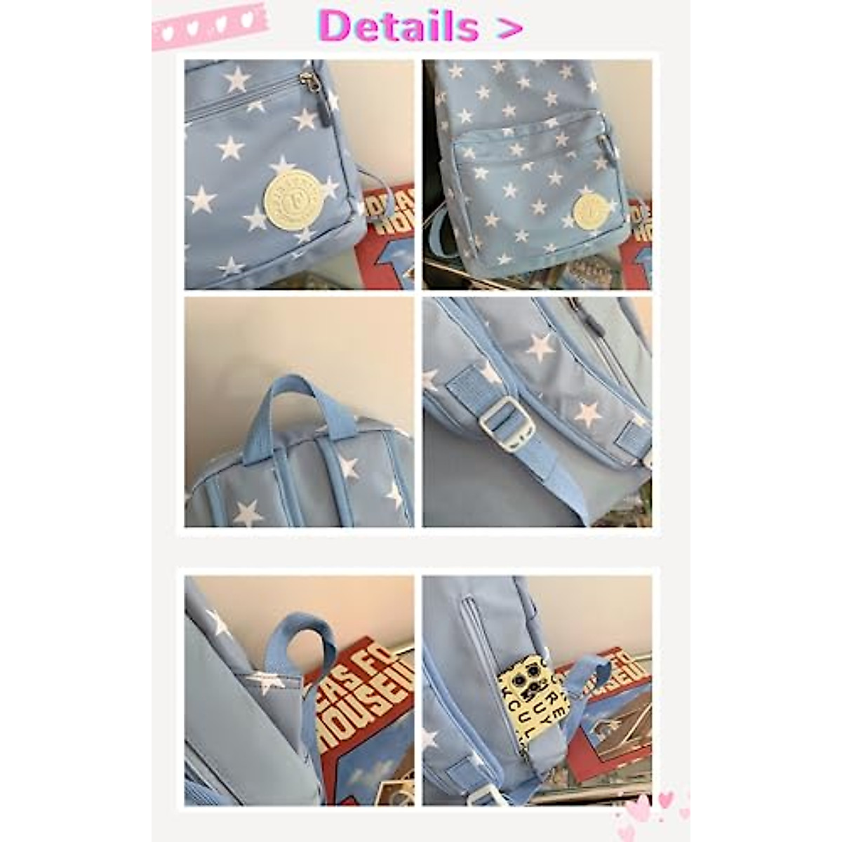 JHTPSLR Preppy Backpack Stars Backpack Kidcore Aesthetic Backpack Cartoon Print Backpack Stars Book Bags Laptop Backpack Supplies (Black)