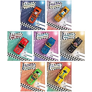 ThinkMax Valentins Day Cards for Kids with 28 Pack Mini Die-Cast Metal Cars, Valentines Classroom Gift Exchange Party Favor Supplies for Boys Girls.