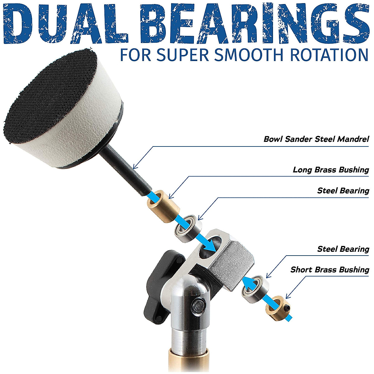 2 inch Diameter Bowl Sander with Dual Bearing Head and 2 inch Foam Hook and Loop Sander with 1/4 inch Mandrel and 9 inch Long Hardwood Handle