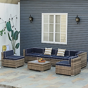 Outsunny 7-Piece Patio Furniture Set, Outdoor Wicker Conversation Set, All Weather PE Rattan Sectional Sofa Set with Cushions and Faux Wood Table, Stripe Pillows, Blue