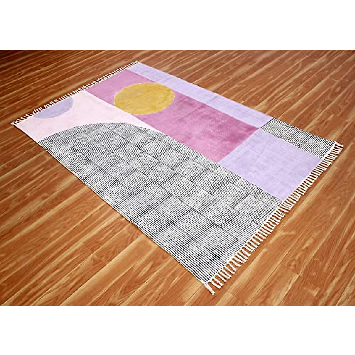Casavani Hand Block Printed Rug Geometric Blue & Pink Tassel Rug Boho Area Rug Easy Care Washable Rugs for Doormat Entryway Living Room Bedroom Hallway Balcony 10x10 Feet Square