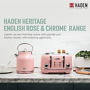 Haden Heritage 1.7 Liter Stainless Steel Electric Water Kettle Bundled with 4 Slice Wide Slot Stainless Steel Toaster, English Rose