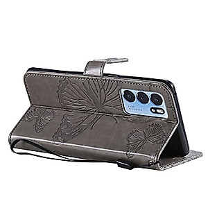 SATURCASE Case for Oppo Reno 6 Pro 5G, Butterfly Embossing PU Leather Flip Magnet Wallet Stand Card Slots Hand Strap Protective Cover for Oppo Reno 6 Pro 5G (Gray)