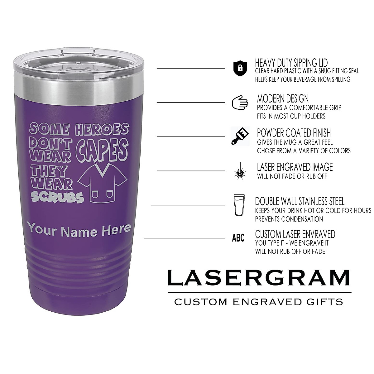 LaserGram 20oz Tumbler Mug | Some Heroes don't Wear Capes, They Wear Scrubs | Personalized Engraving Included (Dark Purple)