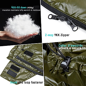 MT Ultralight Down Sleeping Bag 41-68 Degree F 400 Fill Power 3 Seasons - 1.5lbs Compact Portable Waterproof Camping Sleeping Bag with Compression Sack for Adults, Teen, Kids Olive Drab