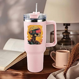 LB LEOBON 40 ounce insulated cup with handle, double-layer vacuum stainless steel material, equipped with straw, can keep warm or maintain cold drinks Neone Poppe Skeletons 3 Light pink