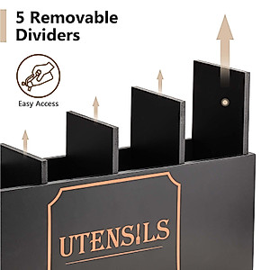 Yumkfoi Extra Large Utensil Holder with 4 Compartments, Wooden Farmhouse Utensil Organizer for Kitchen Counter, Rustic Cooking Utensil Crock Countertop Utensil Caddy Spatula Holder (Classic Black)