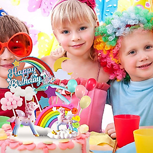 MOVINPE Unicorn Cake Topper, 2 Magic Unicorns Sculpture, 1 Rainbow, 1 Happy Birthday Banner, 2 Cloud, 4 Balloon, 12 Stars, 1 Moon, Cake Decoration For Girl Kid Women Birthday Party