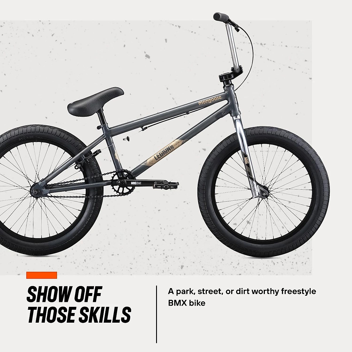 Mongoose Legion L60 Kids Freestyle BMX Bike, Intermediate Rider, Boys and Girls Bikes, 20-Inch Wheels, Hi-Ten Steel Frame, Micro Drive 25x9T BMX Gearing, Grey
