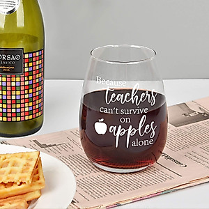 Futtumy Teacher Gifts, Because Teachers Can't Survive On Apples Alone Stemless Wine Glass for Teacher Women Thank You Appreciation Gift Birthday Christmas Thanksgiving, Funny Teacher Wine Glass 15 Oz