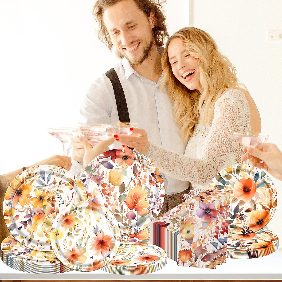 Juweked 60Pcs Fall Plates and Napkins Sets Fall Floral Paper Plates and Napkins Thanksgiving Tableware Set Fall Party Decorations for Bridal Shower Autumn Party Supplies Fall Harvest Decorations