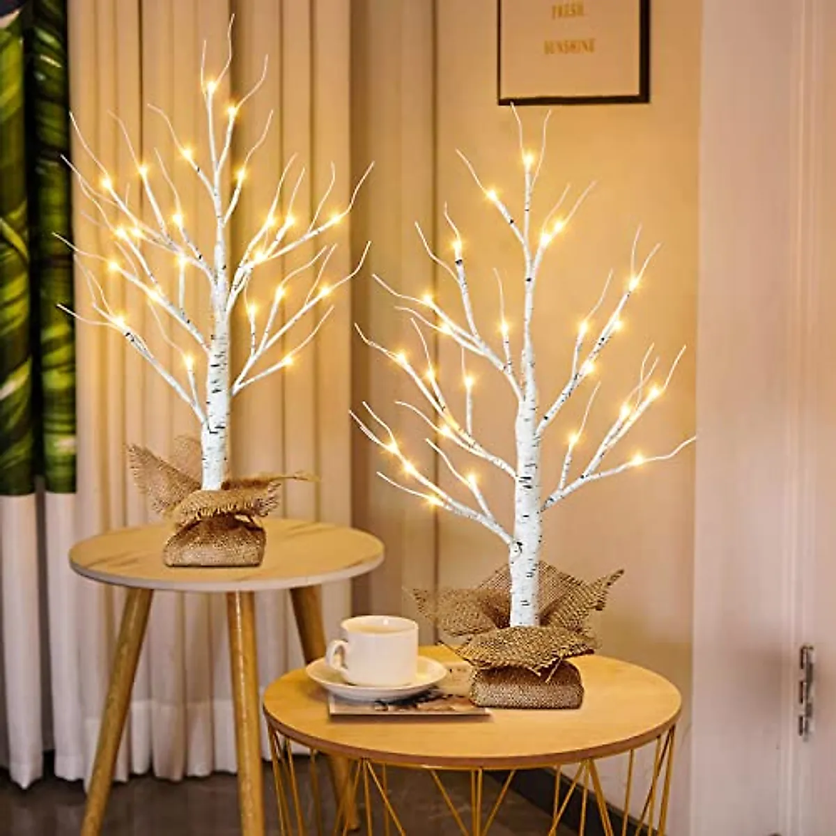 Lighted Birch Tree, 2pcs 24”H Tabletop Tree Light with Burlap Decor, Pre-Lit 24 LED Warm White Lights, Timer Function, Money Tree Perfect for Spring Home Centerpiece Decor, Indoor&Outdoor Use