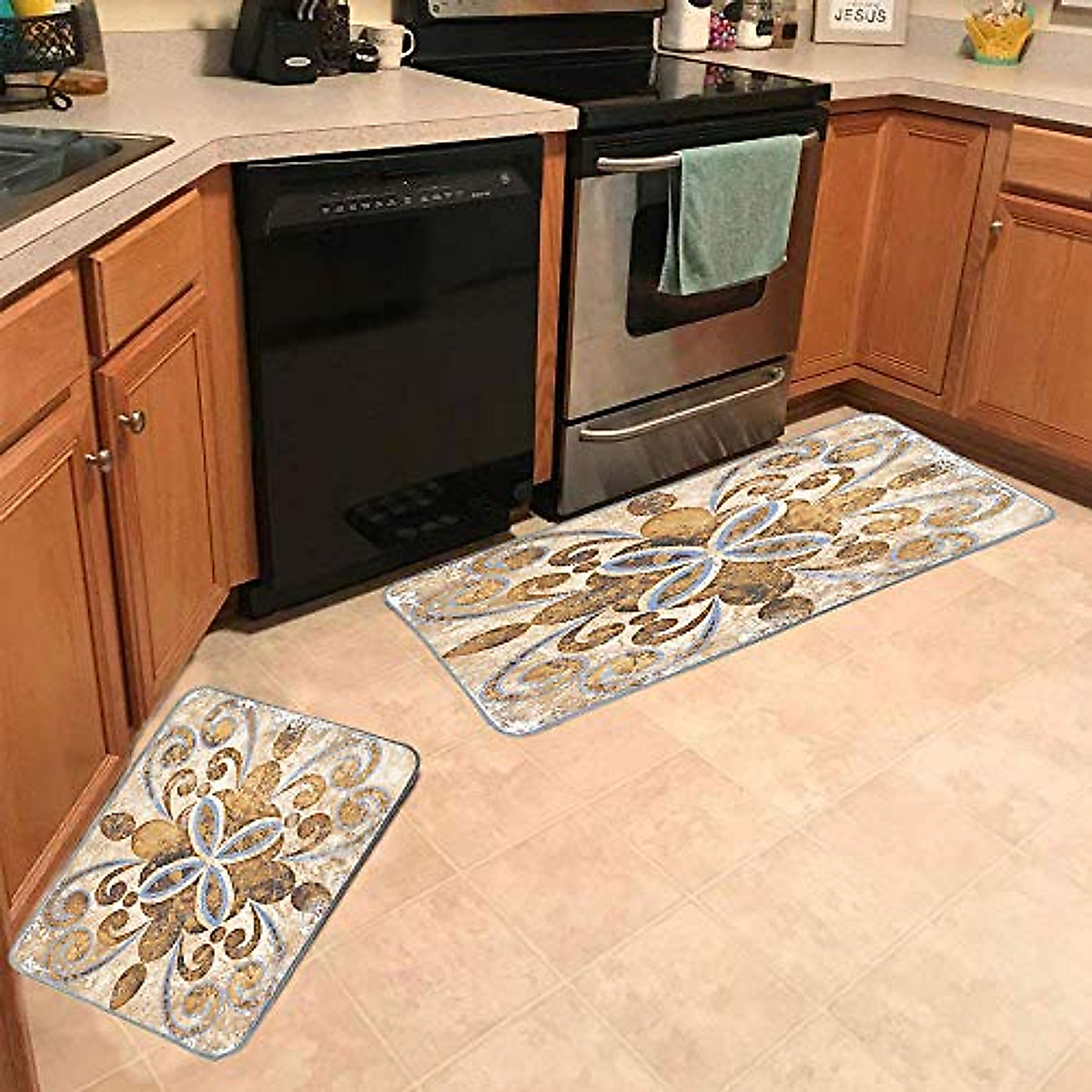 Jesmacti Kitchen Rugs and Mats Rug for Kitchen Sink Area Vintage Italian Tile Pattern Brown Kitchen Rug (17X48+17X24 Inches) Boho Kitchen Rug