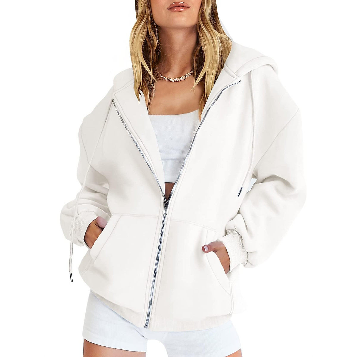 Prinbara Women's 2023 Winter Coats Casual Jacket Oversized Sweatshirts Trendy Clothes Zip Up Y2K Hoodie with Pocket White 9PA89-baise-S,JM23