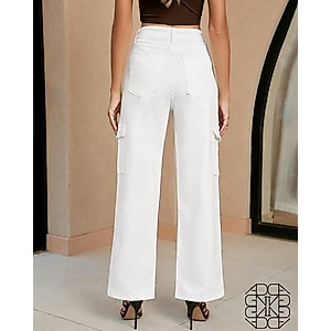 GRAPENT White High Waisted Wide Leg Pants - Stretch Jeans for Women - Off White, Size 12-14