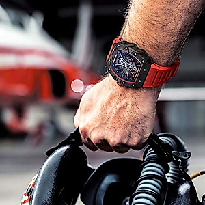 FEICE Watches for Men Automatic Skeleton Watch Waterproof Sapphire Crystal Japanese Movement Mens Wristwatch with Carbon Fiber Strap Anti Shock Business Watch FM602 B_Red