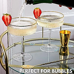 Vemacity Ribbed Coupe Glasses Set of 4 with Gold Rims, Bar Spoon & Jigger | 10oz Coupe Cocktail Glass | Vintage Champagne Coup Glasses | Ribbed Glassware | Ideal Martini Glasses | Recipe e-Book (PDF)