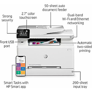 HP Laserjet Pro MFP M283cdw All-in-One Wireless Color Laser Printer, White - Print Scan Copy Fax - 22 ppm, 600 x 600 dpi, 50-Sheet ADF, Auto Duplex Printing, Ethernet, Cbmoun Printer_Cable