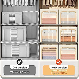 Clothes Storage Organizer Bins Containers, Waterproof Cotton Linen Steel Frame Storage Box, Stackable Storage Bins for Clothing Storage with Clear Window & Reinforced Handles, 1PC (31L, beige)