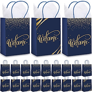 Kosiz 50 Sets Welcome Gift Bags Bulk with Handles and Tissue Paper Welcome to Our Church Gift Bags Kraft Paper Welcome Bags for Wedding Guests Hotel Church Visitors Birthday Party Supplies(Navy Blue)