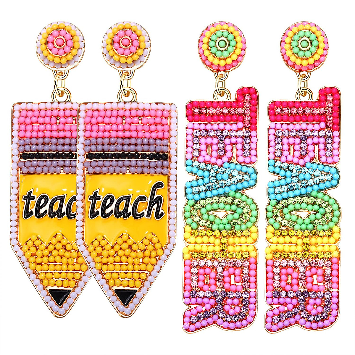 3 Pairs Pencil Earrings Teacher Earrings for Women Rhinestone Beaded Dangle Drop Earrings Colorful Teacher Appreciation Gift Back To School Jewelry Set (2 Pairs Letter)