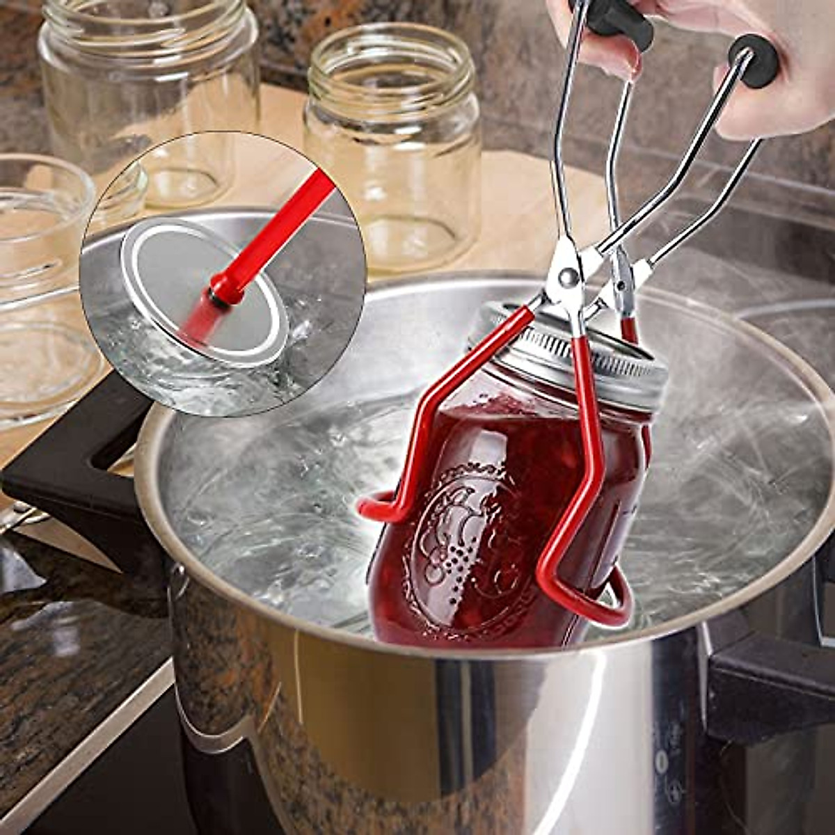 UONMAY Canning Supplies Starter Kit Canner Tools Set with Stainless Steel Canning Rack, Jar Lifter Tongs, Funnel, Labels, Bubble Popper, Jar Wrench, Lid Lifter for Canning Pot Accessories 60pcs Red