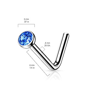 FIFTH CUE Solid Titanium Press Fit Cubic Zirconia 2mm Micro Ball Top L bend Stud Nose Ring (18G)