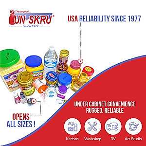UN-SKRU Jar Opener - Under Cabinet Bottle & Jar Lid Opener for Arthritis, Weak Hands, Seniors – One Handed, Easy Grip Universal Lid Gripper Tool for Jars, Bottles & Containers – Removes Tight Jar Lids