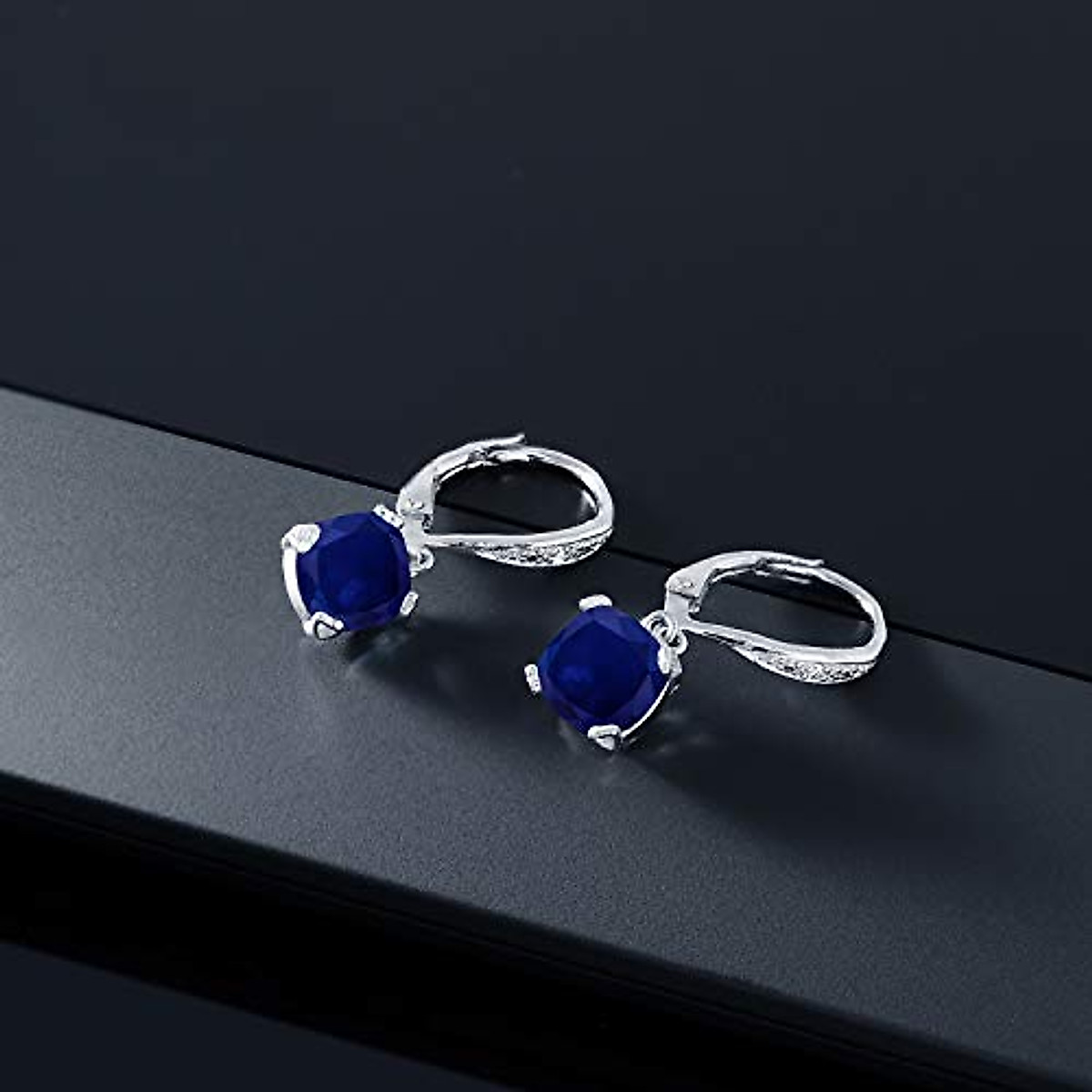 Gem Stone King 925 Sterling Silver Blue Sapphire and White Diamond Earrings For Women (4.01 Cttw, Gemstone September Birthstone, Cushion 7MM)
