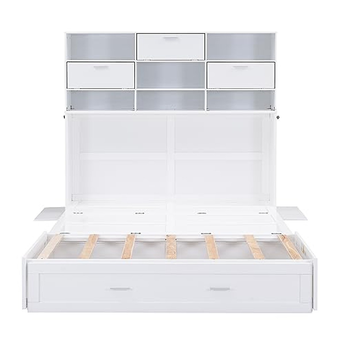 YSWH Queen Murphy Bed Chest, Wood Murphy Bed Frame with Bookcase, Bedside Shelves and Drawer, Versatile Chest Bed Folding Bed for Bedroom Furniture, Foldable Platform Bed Folded into Cabinet