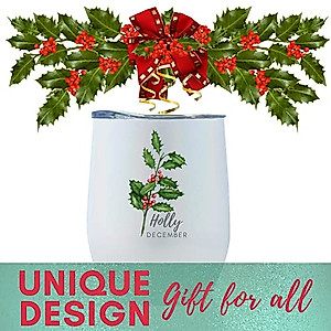 Birthday Month Flower Tumbler, Birth Flower Gifts for Her, Unique Birthday Presents for Women, Mum, Wife, Girlfriend, Daughter, Best Friend, Coffee and Wine Tumbler 12oz (December, Holly)