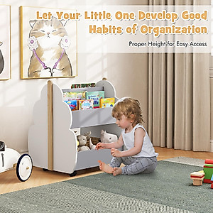 Costzon Kids Bookshelf with Universal Wheels, 2-Tier Toddler Bookshelf, Wooden Book Rack, Childrens Bookcase Montessori Shelf, Infant Book Shelf, Toy Organization for Kids Room, Playroom, Nursery