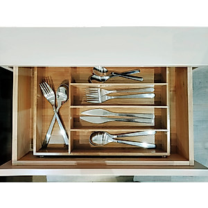 ZROOY Kitchen Bamboo Drawer Organizer Utensils Tray Organizer, Small Silverware Organizer with 5 Compartments for Spoons Forks Knives