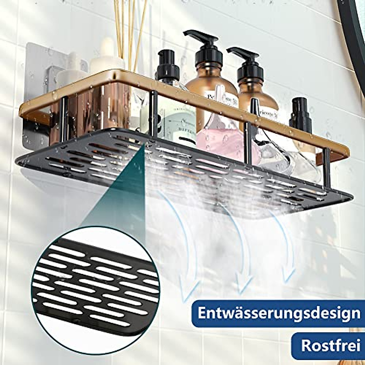 YHANEC 2 Pack Shower Caddy No Drilling Traceless Adhesive Shower Shelves Rustproof Space Aluminium Bathroom Shower Organizer with Hooks for Bathroom, Restroom, Kitchen