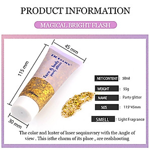 YOSOMK Gold Body Glitter Gel & 2 Sheets Face Gems Rhinestones Set, Face Glitter Makeup & Hair Jewels Stick on, Holographic Hair Glitter Eye Gems,Chunky Glitter Face Jewels for Makeup Festival