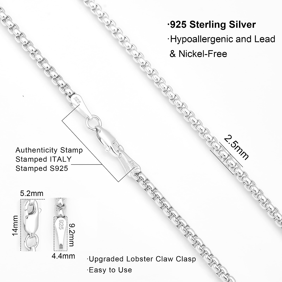 nometo 925 Sterling Silver Necklace, 2.5mm Box Chain, Unisex, 16-30 Inches, Lobster Claw Clasp, Italian Craftsmanship