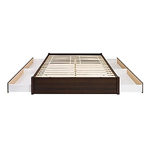 Prepac Select King 4 Post Platform Bed with 4 Drawers, 83" L x 79" W x 16" H, Espresso & King Bookcase Headboard, Espresso