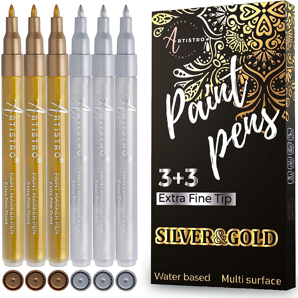 Metallic Acrylic Paint Pens for Rock Painting, Stone, Ceramic, Glass, Wood, Fabric, Canvas, Metal, Scrapbooking (6 Pack) Set of 3 Gold & 3 Silver Acrylic Paint Markers Water-Based Extra-Fine Tip 0.7mm