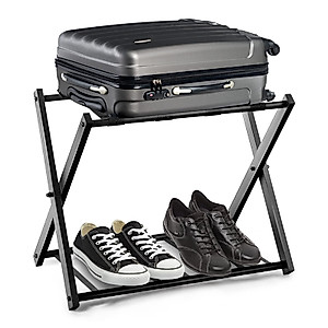 Tangkula Luggage Rack, Folding Metal Suitcase Luggage Stand, Double Tiers Luggage Holder with Shoe Shelf, Luggage Stand for Bedroom, Guest Room, Hotel (Black)