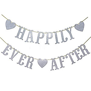 Happily Ever After Glitter Bunting Banner, Engagement, Bridal Shower, Wedding Party Decorations(Silver)