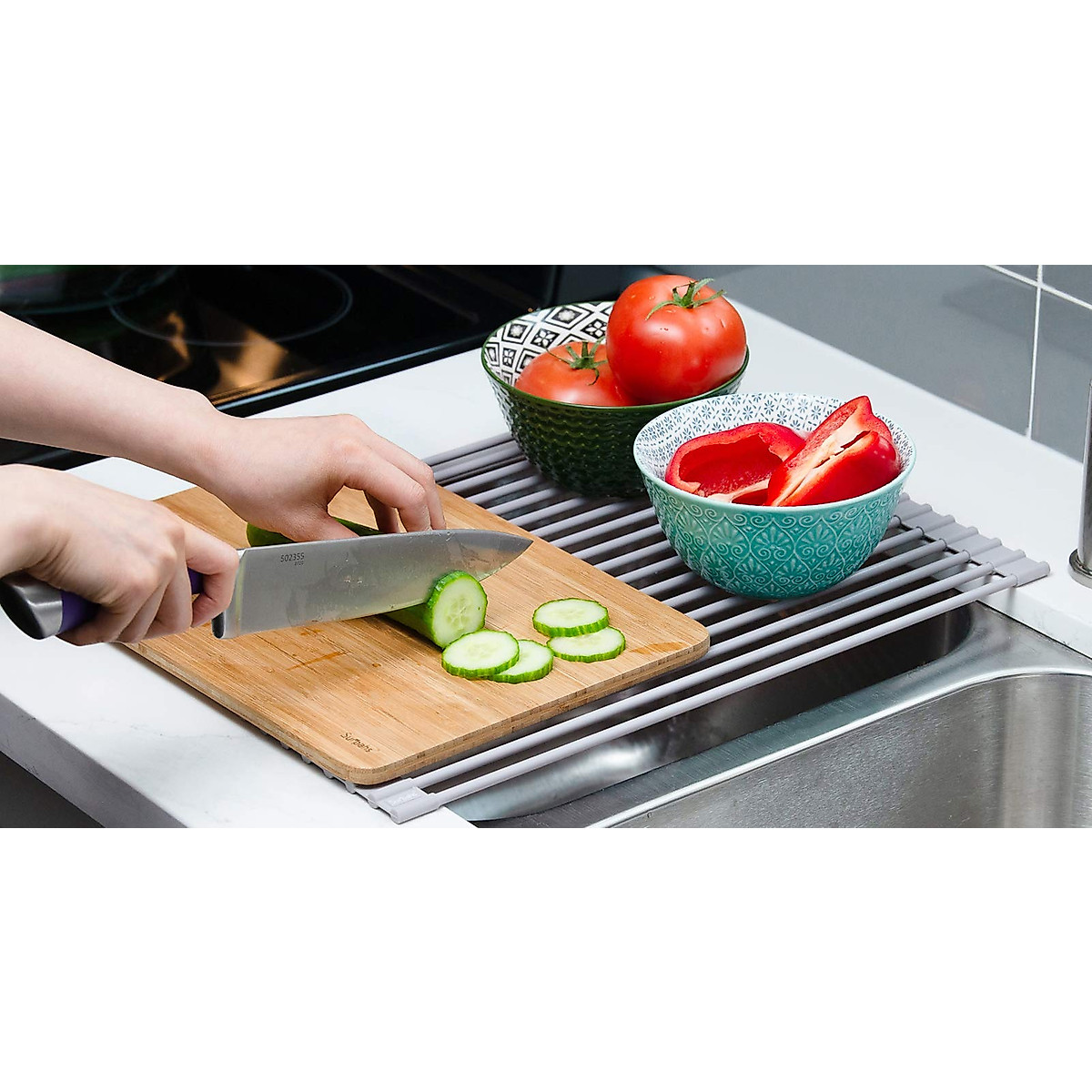 Surpahs Over The Sink Multipurpose Roll-Up Dish Drying Rack (Warm Gray, 17.5" x 13.1" - Small)