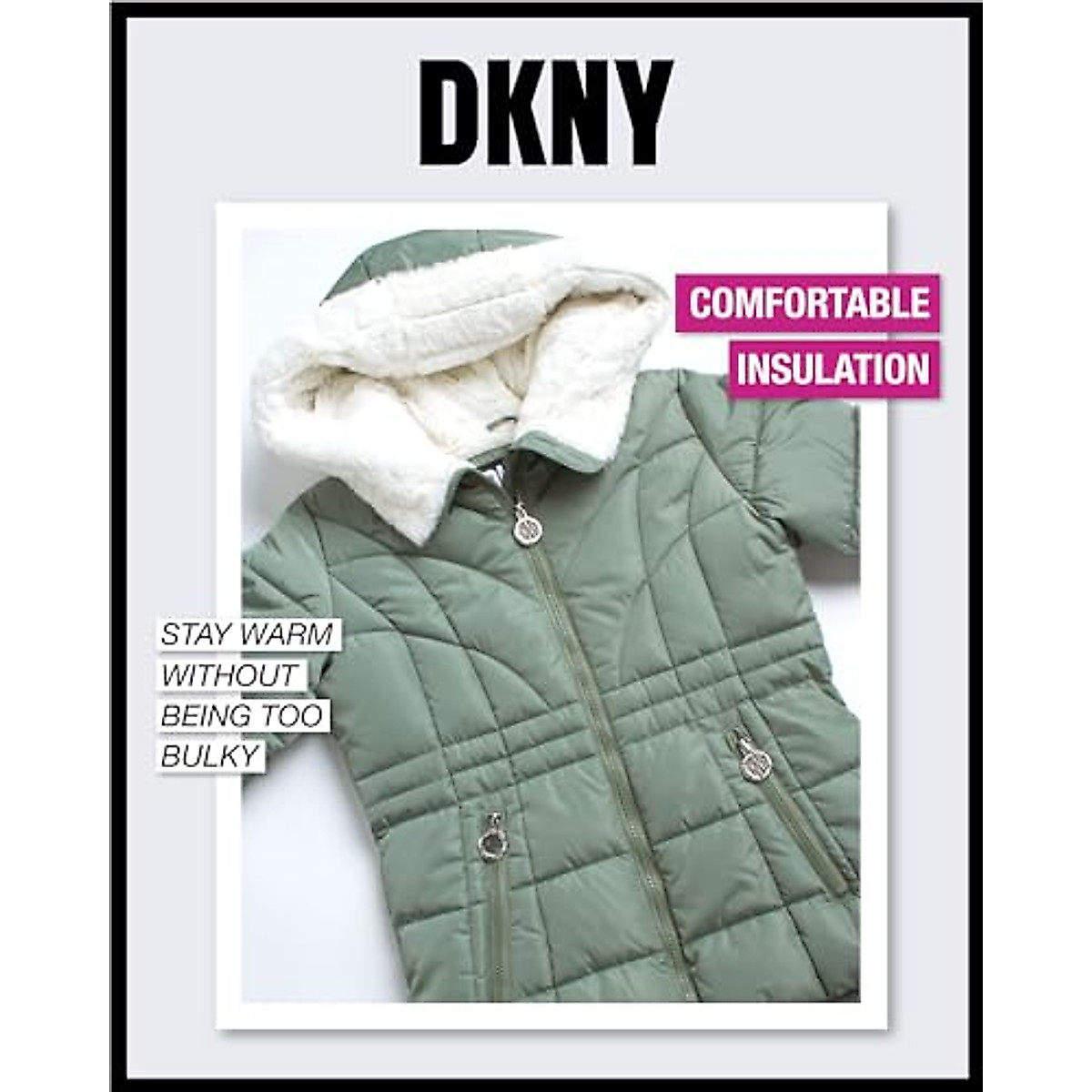 DKNY Girls' Winter Coat - Sherpa Fur Lined Heavyweight Quilted Puffer Parka - Insulated Winter Ski Jacket for Girls (4-16), Size 7-8, Sage