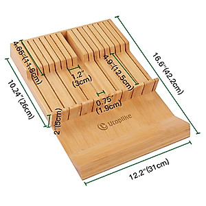 Utoplike In-drawer Knife Block Bamboo Kitchen 16 Knifes Drawer Organizer and Flatware Expandable Cutlery Organizer Tray Set