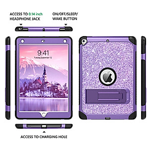 DUEDUE for iPad 9.7 Case 2017/2018, iPad Air 2 Case, iPad 6th/5th Generation Case with Kickstand Glitter Bling 3 in 1 Heavy Duty Hard PC Cover Shockproof Protective Case for iPad Pro 9.7, Purple